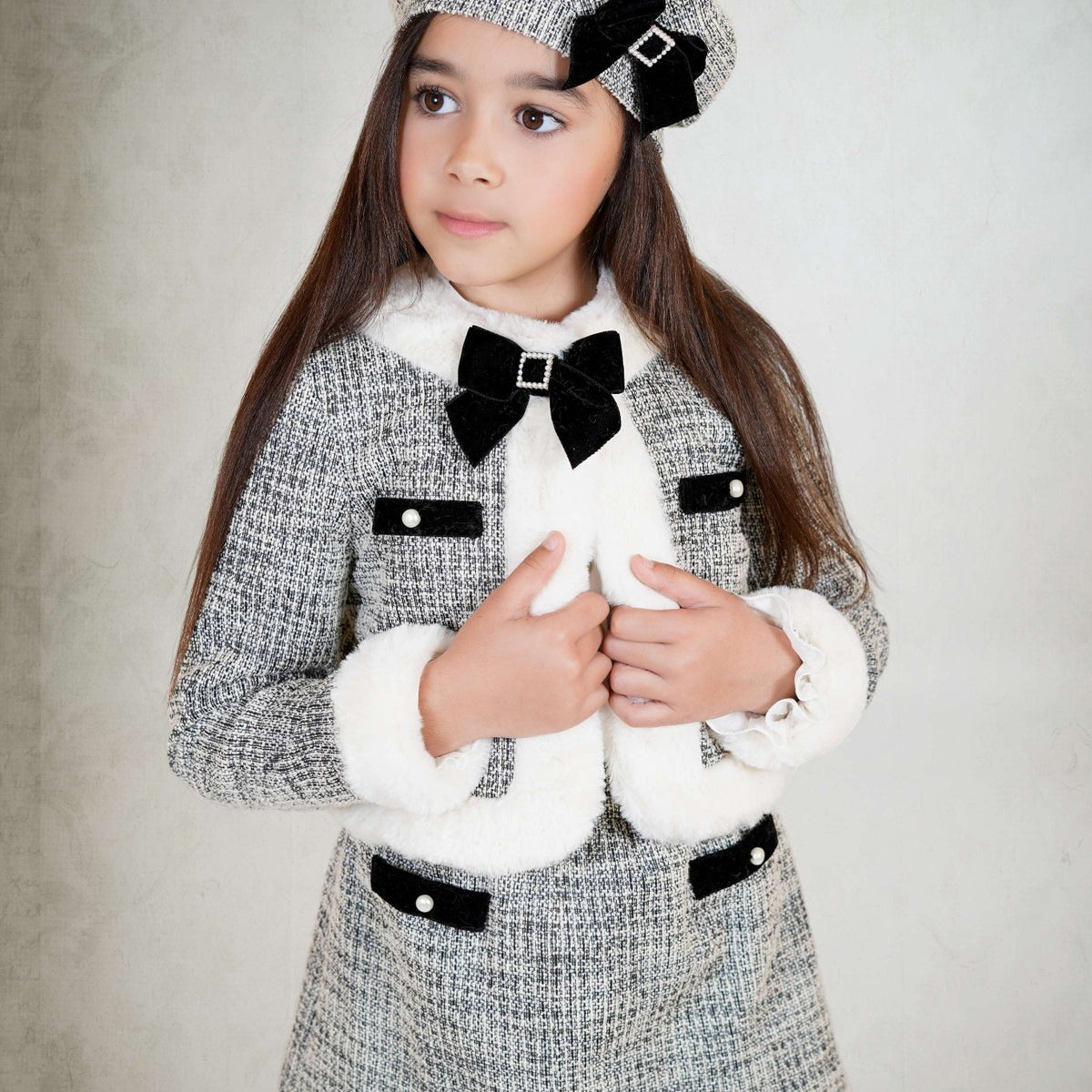 Babine AW25 Girls Black Tweed Jacket & Skirt Set | Mariposa