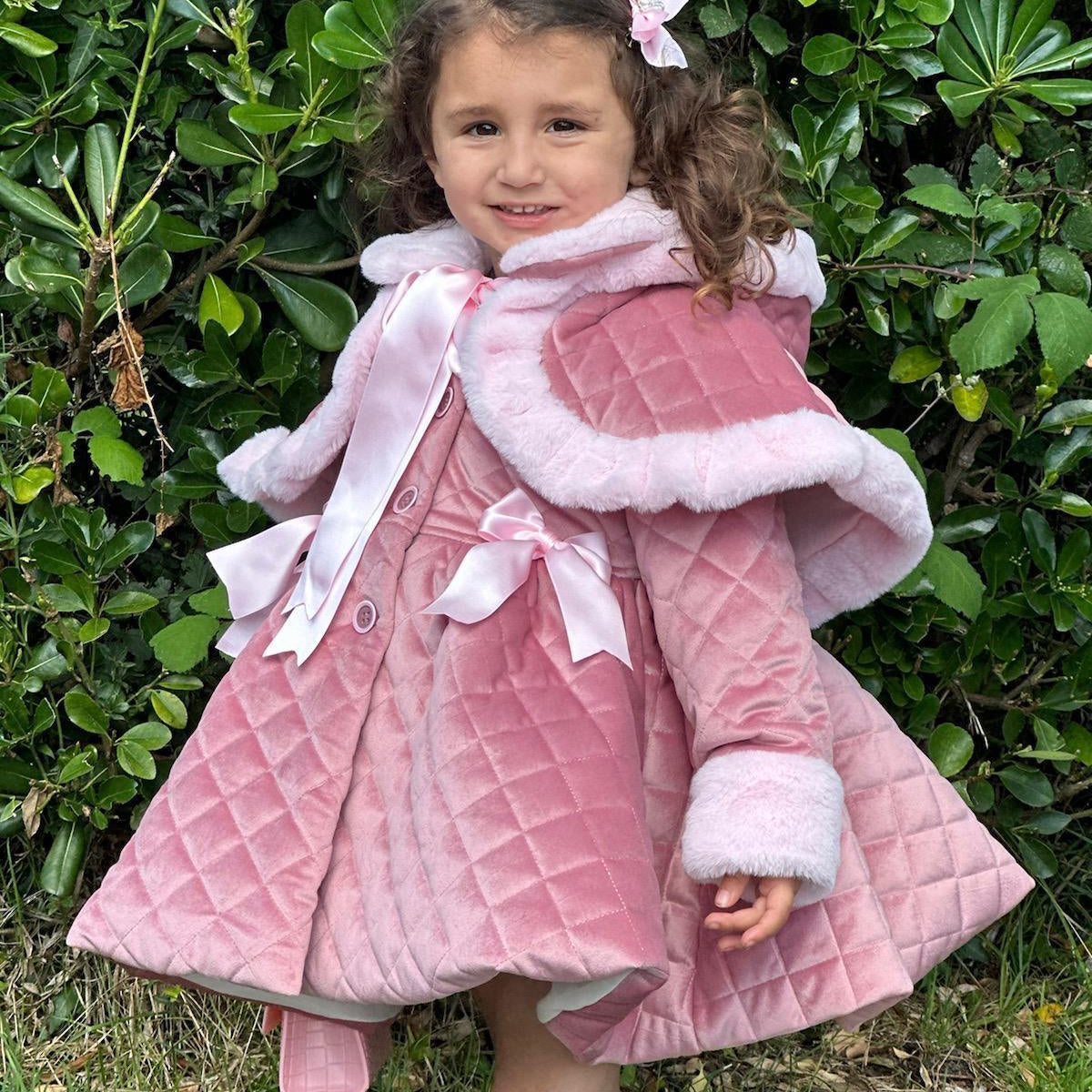 Sonata - Girls Pink Velvet Coat & Cape with Fur Trims